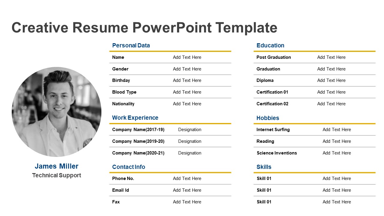Self Presentation Creative Resume Ppt Powerpoint Template