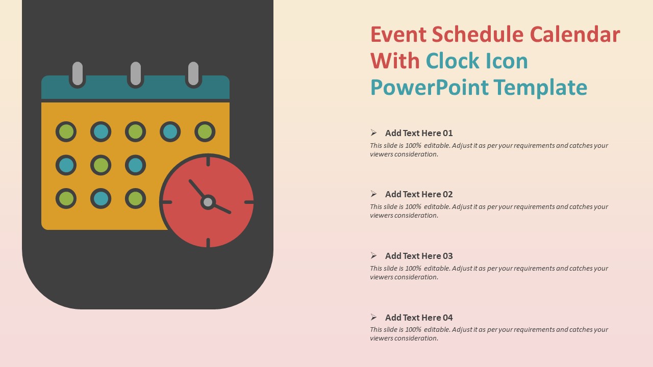 Event Schedule Calendar With Clock Icon PowerPoint Template