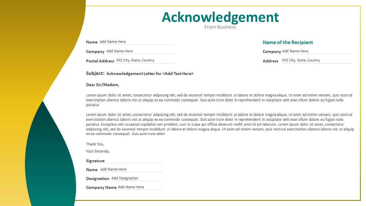Acknowledgement Letter for Business PowerPoint Template