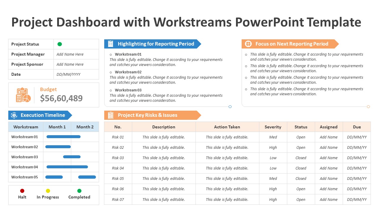 Project Dashboard with Workstreams PowerPoint Template Project Dashboard with Workstreams PowerPoint Template