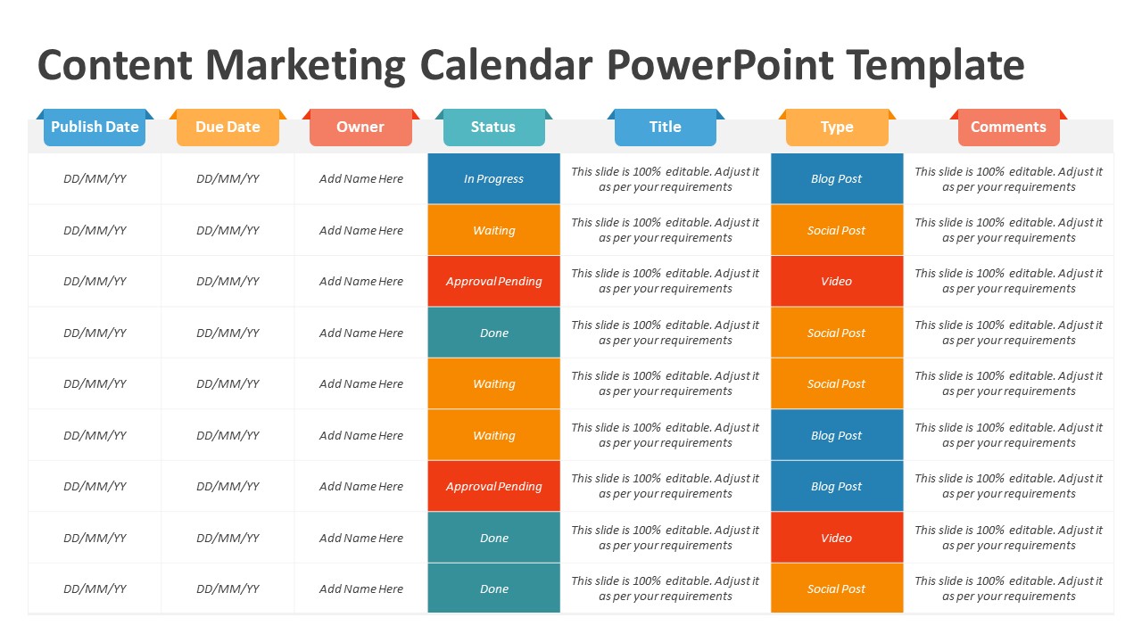 Content Marketing Calendar PowerPoint Template | PPT Templates