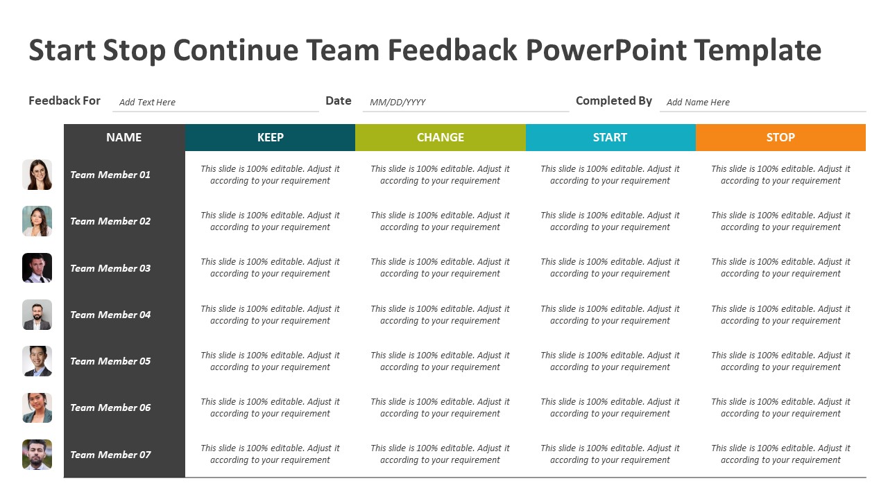 Start Stop Continue Team Feedback PowerPoint Template